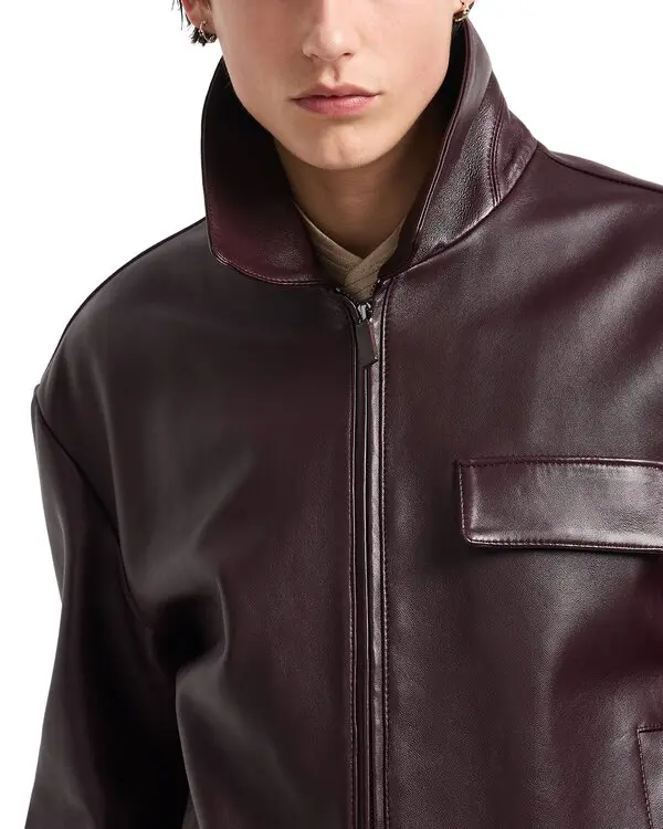 Emporio Armani Leather Zip-Up Jacket In Solid Dark - 40% Off